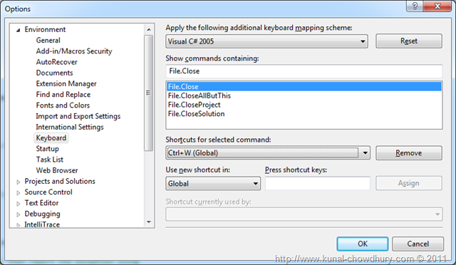 Adding Visual Studio Shortcut to Close currently opened File